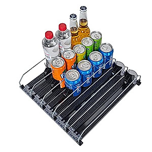 Shardified Drink Organizer for Fridge, Self-Pushing Beverage Organizer for Refrigerator, Width Adjustable Soda Can Pusher Glide, Beer Water Bottle Storage for Pantry, Glossy-Black, 5-Row