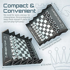 VENTUREBOARD 6 Inches Magnetic Unique Chess Set Board Game - 2 Extra Queens - Folding Board, Portable Travel Chess Board Game Pieces - Black/Grey