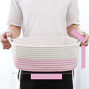 ABenkle Rope Storage Basket, Cotton Woven Pink Baby Girl Basket, Cube Soft Basket with Handles, Decorative Shelves Closet Organizer for Nursery Laundry Bedroom Bathroom, Small Basket for Organizing