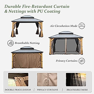 domi outdoor living 12x14 ft Wood Gazebo, Cedar Frame Hardtop Gazebo with Galvanized Steel Double Roof, Netting & Curtains, Patio Pergola Pavilion for Patio, Backyard, Deck, Lawns