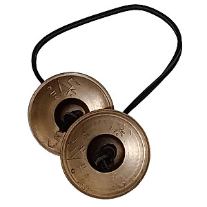 Purpledip Brass Tingsha Bell Holy Symbols: Buddhist Tibetan Handheld Cymbals Chimes Manjeere Musical Instrument For Prayer Meditation, 3 Inches (10679)