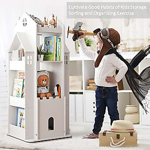 MOUDAO Kids Bookshelf 360° Castle White Rotating Bookshelf Toy Storage Organizer Rack Revolving Corner Bookshelf for Kids Toddler Children Home Office Furniture Bookcase