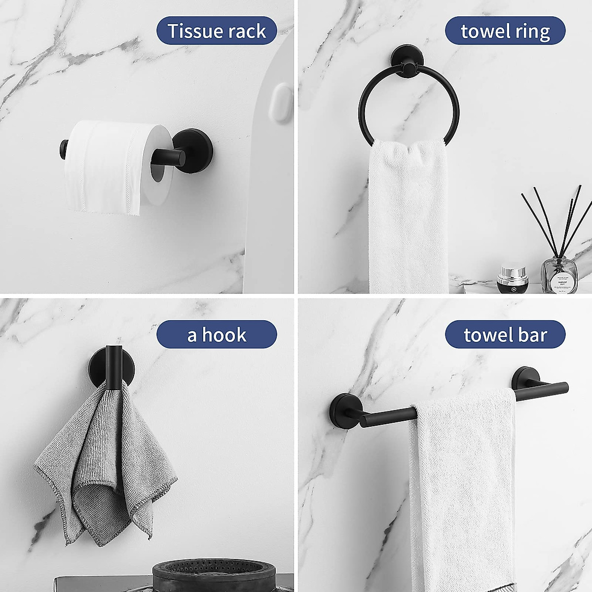 Bathroom Hardware Set, Bathroom Accessories Set Including 16'' Tower Bar, Towel Ring and 2 PCS Towel Hooks (5 Pieces, Black)