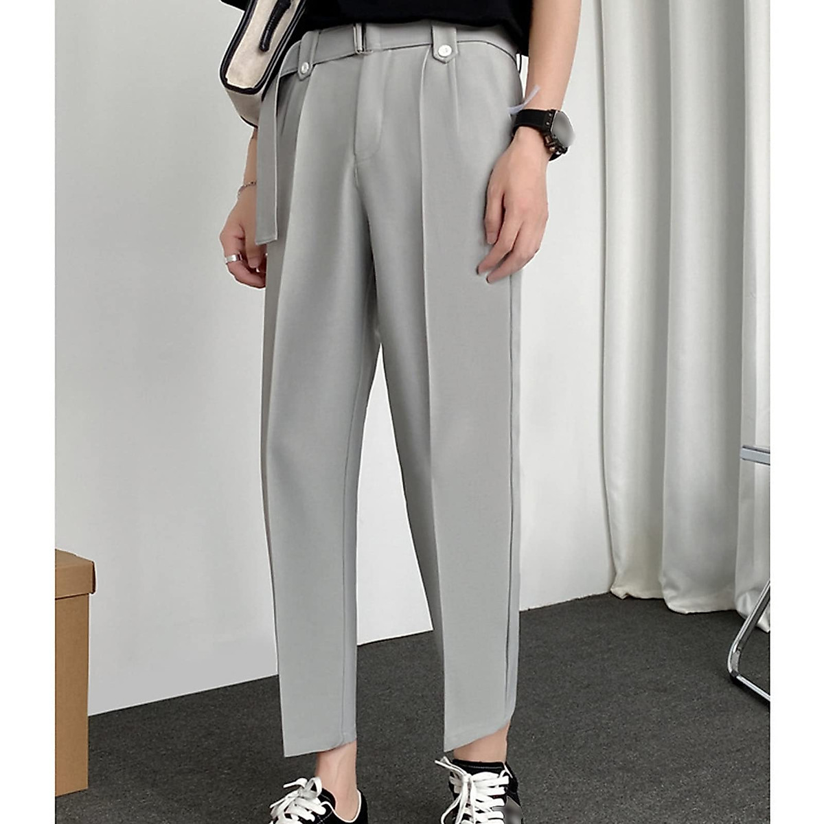 Maiyifu-GJ Men's Straight Leg Stretch Pant Summer Casual Slim Suit Pant Solid Color Lightweight Business Trousers Streetwear (Light Grey,31)