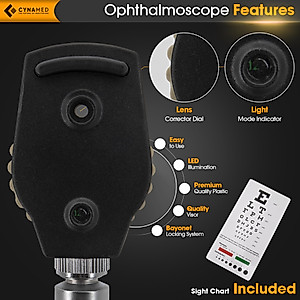 Cynamed 2-in-1 Ear Scope Set - Multi-Function Otoscope for Ear, Nose & Eye Examination- Professional Kit for Home and Medical Students - Sight Chart, Replacement Tips, and Carry Case