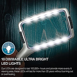 MAGDEPO 3X Reading Magnifying Glass with Light Hands-Free/Handheld Acrylic Magnifier with Stand, 10 Dimmable LEDs Illuminated for Seniors, Aging Eyes, Close Work, Hobbies, Macular Generation, etc.