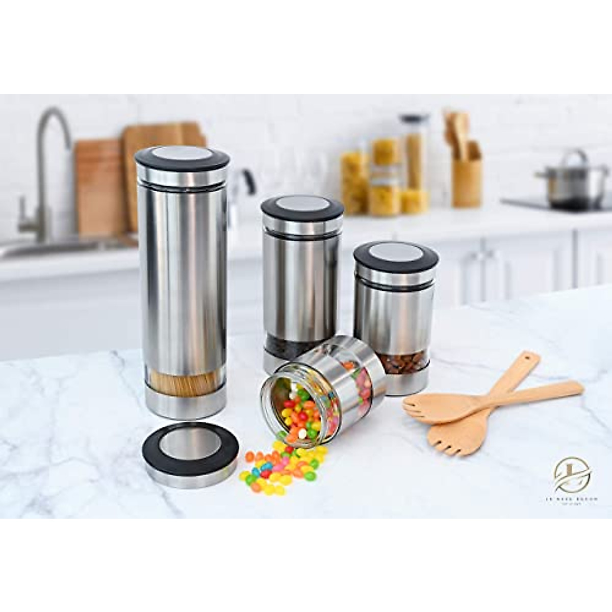 Le'raze Airtight Food Storage Container for Kitchen Counter with Window, [Set of 4] Canister Set Ideal for Flour Tea, Sugar, Coffee, Candy, Cookie Jar