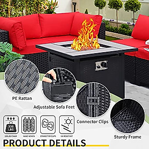 Outdoor Patio PE Wicker 5 Piece Furniture Set, Black Rattan Sectional Conversation Sofa Chair with Square Propane Fire Pit Table, Red Cushion