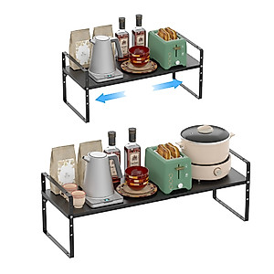 iPEGTOP Expandable Cabinet Storage Shelf Organizer, Heavy Duty Steel Metal Spice Rack Adjustable Height Home Office Garage Pantry Shelf Space Riser for Counter Kitchen Organization, Black, 1 Pack