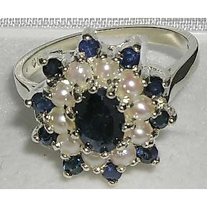 LetsBuyGold 925 Sterling Silver Real Genuine Sapphire and Cultured Pearl Womens Band Ring - Size 7