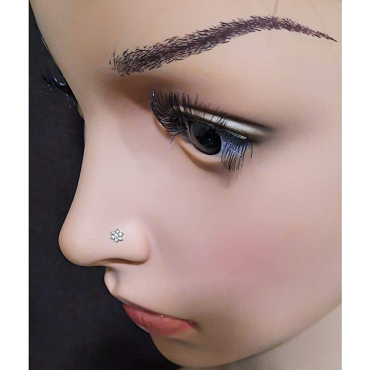 Demira Jewels Natural Diamond 14K White Gold Flower Nose Pin, Lip Labret, and Monroe Ring Stud Screw - 8mm Long, 16 Gauge Post