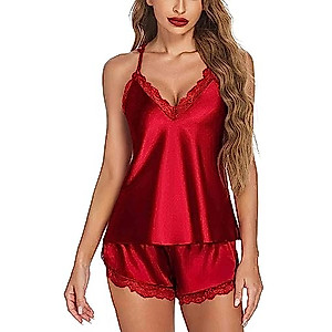 Avidlove Women's Sexy Silk Satin Pajamas Sets Lace Trim Cami Tops Shorts Sleepwear Wine Red X-Large