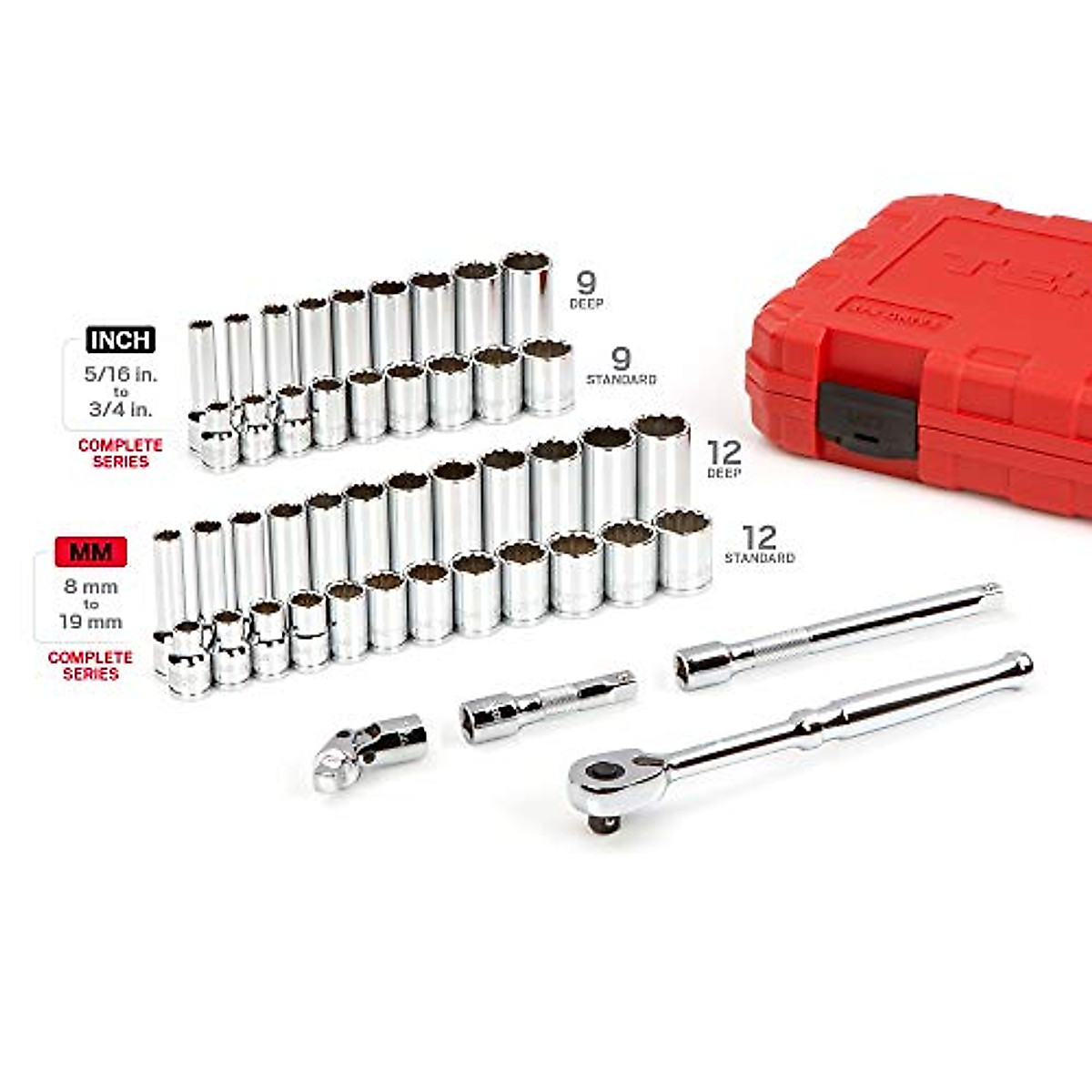 TEKTON 3/8 Inch Drive 12-Point Socket and Ratchet Set, 46-Piece (5/16-3/4 in., 8-19 mm) | SKT15302
