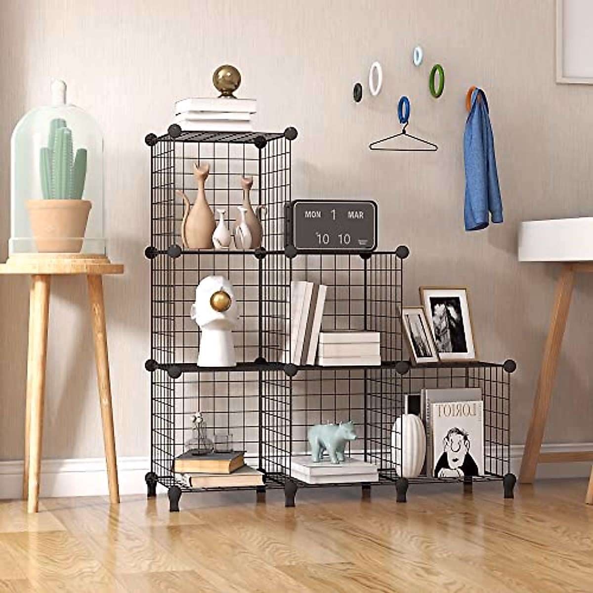 Wolizom Wire Cube Storage, 6-Cube Black Metal Grids Shelves Bookshelf, Stackable Modular Shelving Organizer, DIY Closet Bookcase Bookshelf, Grid Storage Shelf for Bedroom, Living Room, Office