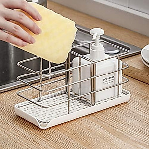 304 Stainless Steel Sponge Holder, Multifunctional Kitchen Sink Organizer Sink Caddy Sink Tray Drainer Rack Brush Soap Holder | Hanging Adjustable Panel | Adhesive Hooks | Auto Overflow (White)