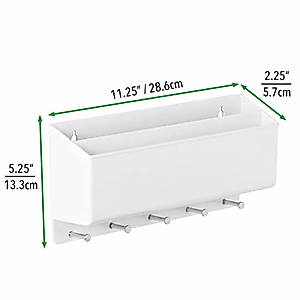 mDesign Wall Mount Plastic Divided Mail Organizer Storage Basket - 2 Sections, 5 Metal Peg Hooks - for Entryway, Mudroom, Hallway, Kitchen, Office - Holds Letters, Magazines, Coats, Keys - White