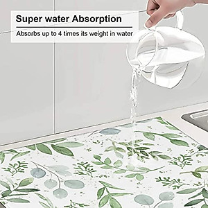 Vodbne Sage Green Leaves Dish Drying Mat XL for Kitchen Counter Microfiber Absorbent Dish Draining Reusable Washable Large 18"x24"