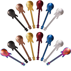 DEAYOU 14 Pieces Guitar Coffee Spoons, 18/10 Stainless Steel Small Spoon, 4.7 Inch Creative Demitasse Espresso Spoons for Dessert, Ice Cream, Tea, Stirring, Mixing, (Multi-Color)