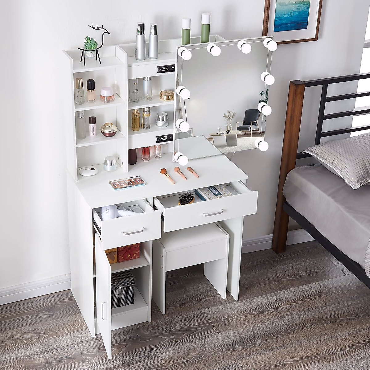 Absethink WhiteVanity Table,Make up Vanity Dressing Table with Mirror,Corner Vanity with Mirror with Lights,Vanity for Womens Vanities for Makeup