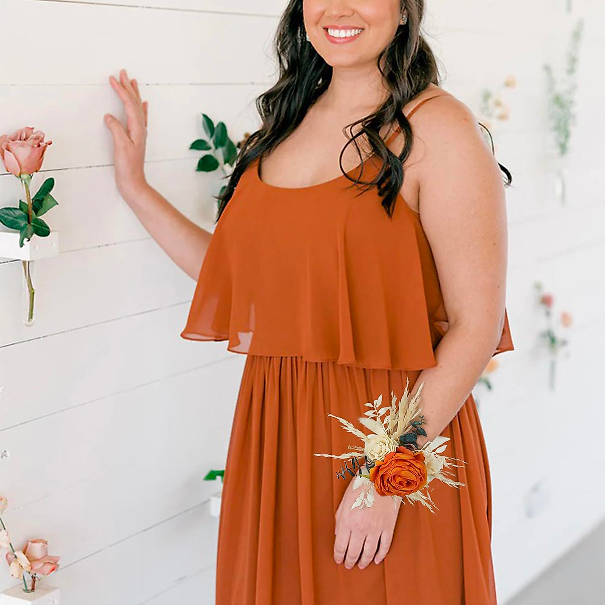 Rinlong 6pcs Dried Flower Wrist Corsage Wristlet Bridesmaid Bracelet Boho Terracotta Shoulder Corsage Wrist Flowers Wedding Bride Flower Accessories