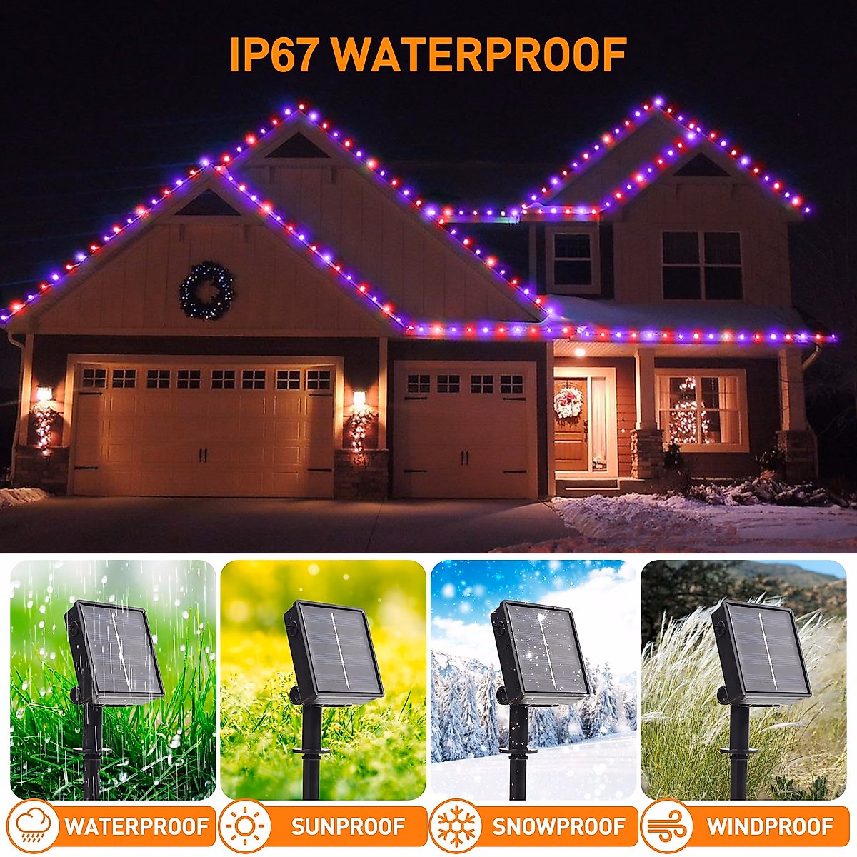 RECESKY C7 Halloween Solar Lights - 50 LED 24Ft Smooth Bulb Orange Purple Halloween String Light with Timer - 8 Modes Fairy Halloween Lighting for Outdoor Garden Yard Home Party Halloween Decorations