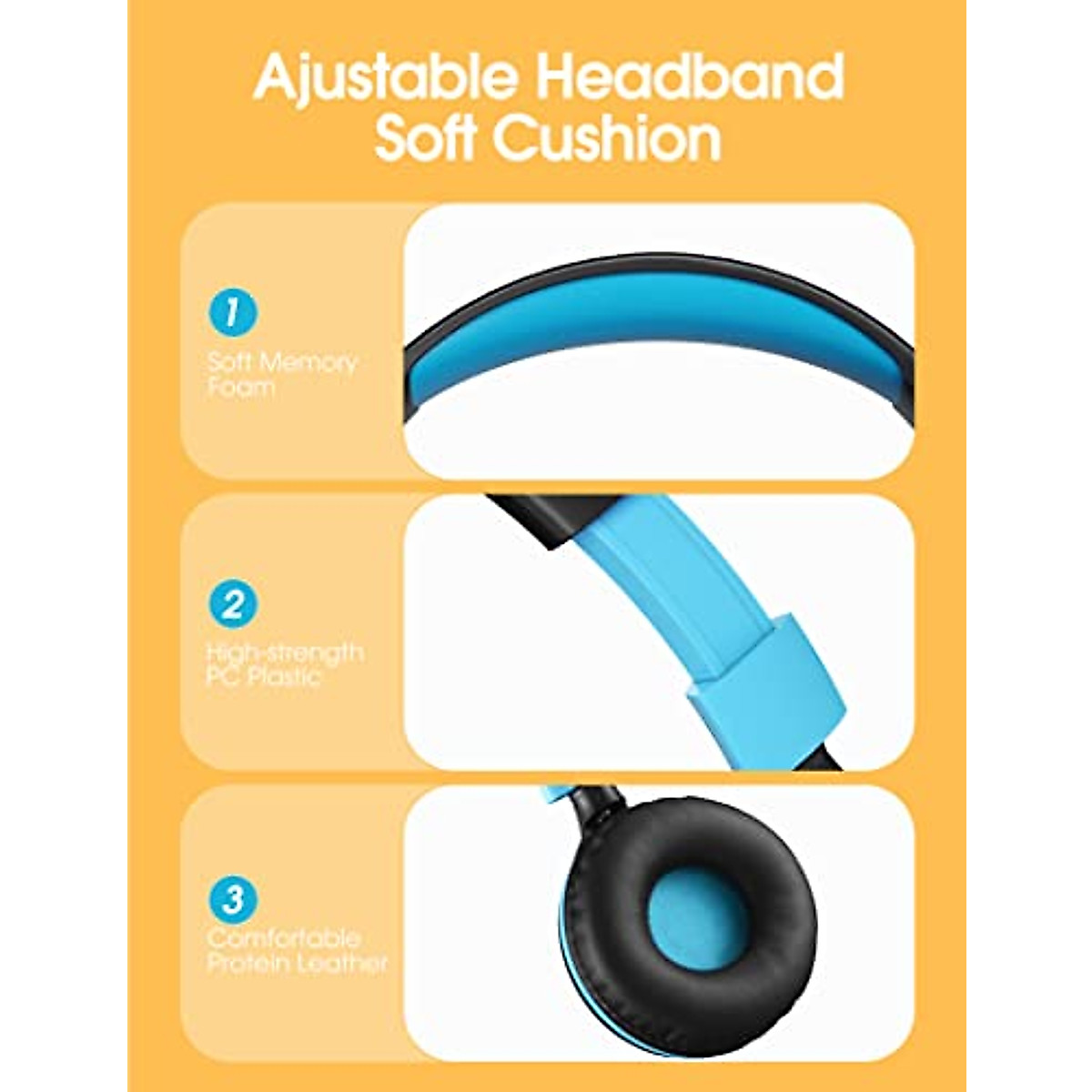 TUNEAKE Kids Headphones, Foldable Stereo On-Ear Kids Headset, 94dB Volume Limited, Adjustable Headband Headphones for Kids Teens, Tangle-Free 3.5mm Jack School Headphones for iPad Tablet, Blue Black