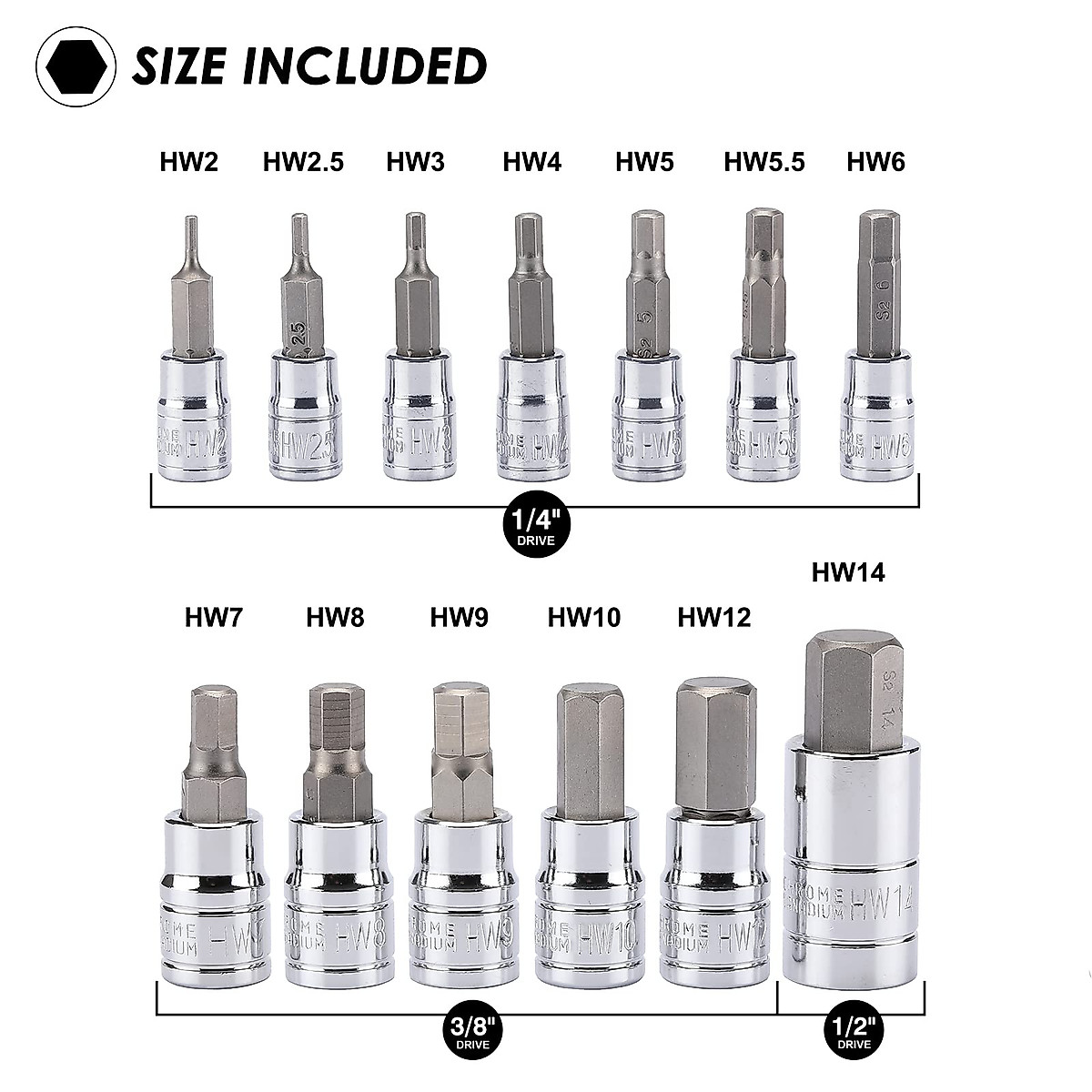 MIXPOWER 13 Piece Hex Bit Socket Set, S2 Steel Bit Socket Tool Kit, Metric, 2mm-14mm, Allen Bit Socket Kit