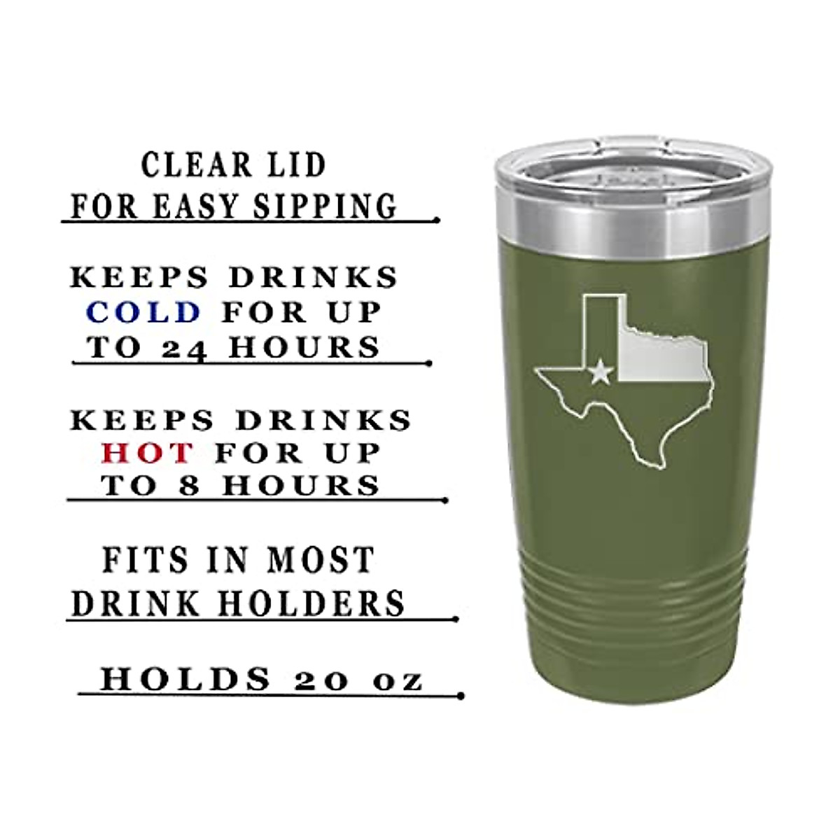 Rogue River Tactical Funny Texas Flag 20 Oz. Stainless Steel Travel Tumbler Mug Cup w/Lid Vacuum Insulated Hot or Cold (Green)
