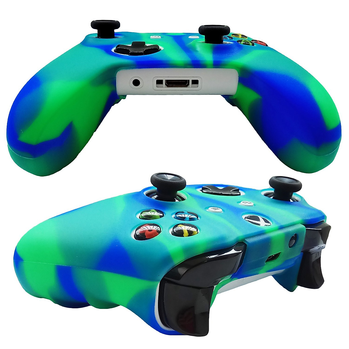 Hikfly Silicone Controller Cover Skin Protector Case Faceplates Kits for Xbox One X/One S/Slim Controller with 4pcs Thumb Grips Caps(Bluegreen)