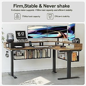 BANTI Triple Motor 63'' L-Shaped Standing Desk with LED Light Strip and Power Outlet, Height Adjustable Standing Corner Desk with Double Shelves, Rustic Top
