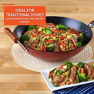 IMUSA USA Light Cast Iron Wok with Wood Handles 14-Inch, Black