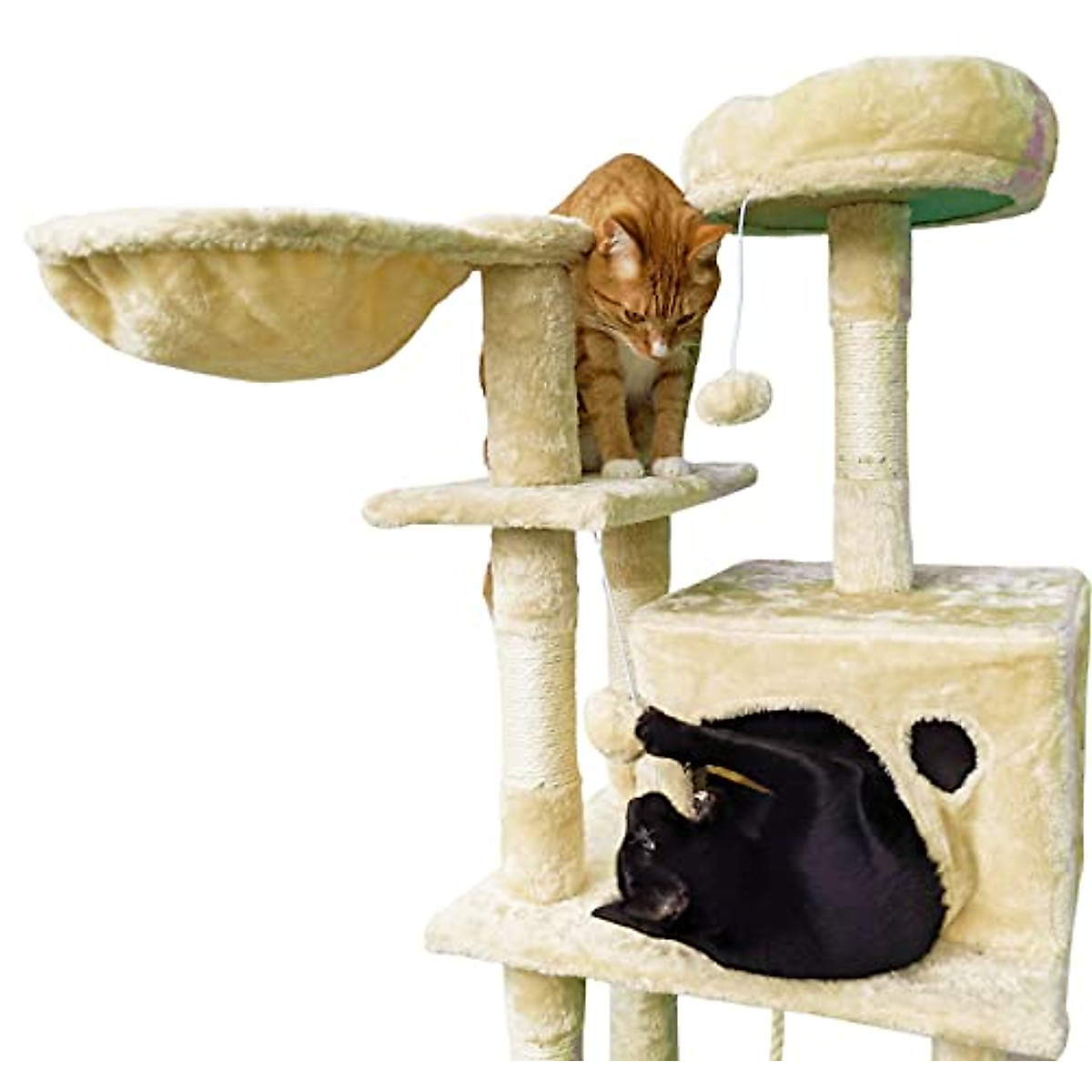 Beige Cat Tree Tower for Indoor Cats & Kittens, 57" Tall Multi-Level with Comfy Perch & Basket, Hideaway Condo, Sisel Scratcher Posts & Ladder, Ball Toys, & Dangling Rope - by SciencePurchase