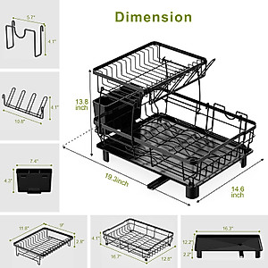 GSlife Dish Drying Rack with Drainboard - Large 2 Tier Dish Rack with 12 Plate Slot, Dish Racks for Kitchen Counter with Utensil Holder Cup Holders Cutting Board Holder, Black