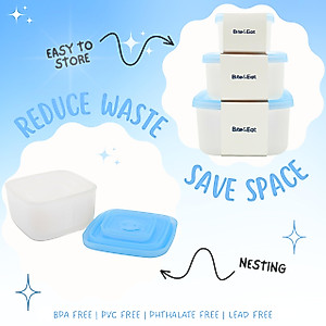 Bite&Eat Silicone Food Storage Containers | BPA Free, Airtight, Dishwasher, and Freezer Safe with Lids | Air Vent Nesting Containers Safe for Microwave | Set of 3 (5.7oz, 10oz, 20oz) - Blue/Clear