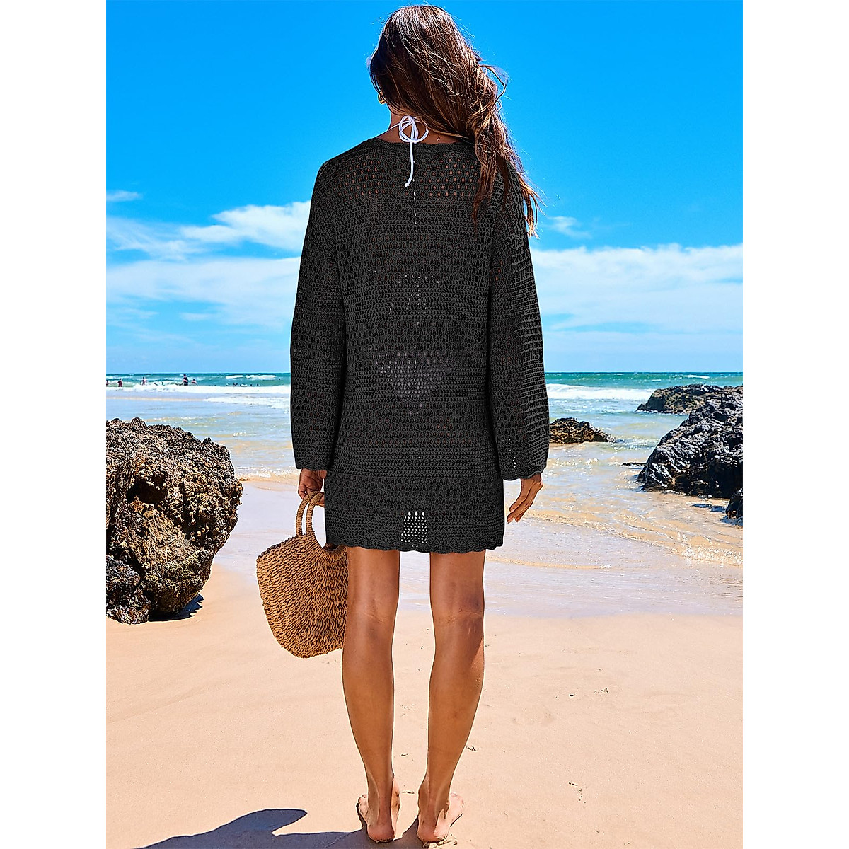 ANRABESS Women Swimsuit Crochet Swim Cover Up 2025 Summer Bathing Suit Swimwear Mesh Knit Beach Dress Vacation Outfits Black Medium
