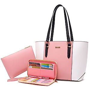 Women Purses Handbags Wallet Sets Shoulder Bags Top Handle Satchel Tote Purse Work Bag Set With Matching Wallet 3pcs WhitePink