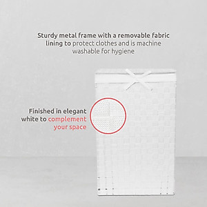 Compactor Rectangle Laundry Basket with Lid, Woven Washing Hamper for Storing Clothes and Linen in Bedrooms and Bathrooms, Removable Liner and Carry Handles, White, Stan Range