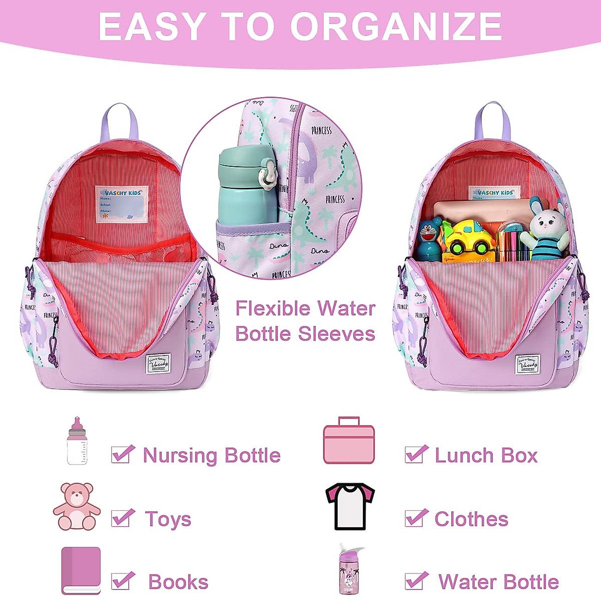 VASCHY Kids backpacks Girls, Cute Lightweight Water Resistant Toddler Kindergarten Preschool Backpack Purple Dinosaurs Purple Dinosaurs