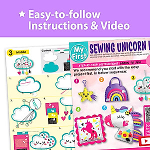KRAFUN My First Unicorn Kids Sewing kit, Beginner Arts & Crafts, Make 5 Cute Projects with Plush Stuffed Animal, Pillow, Mobile, Keyring and Bag, Instructions & Felt for Learn Sewing, Embroidery
