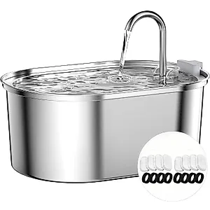 Stainless Steel Cat Water Fountain: 108oz/3,2L Pet Water Fountain with 8 Carbon Filter + 8 Sponge - Cat Fountains for Drinking Dishwasher Safe Design - SOOFPET