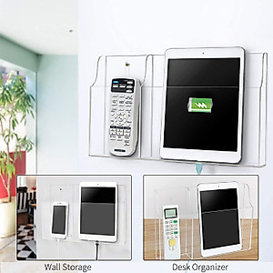 Pansyling Clear Wall Tablet Holder Acrylic Wall Mounted Phone Holder for iPad Wall Mount Holder, Remote Control Holder Laptop Stand for eReader Wall Storage Caddy with Charging Holes for Kindle iPhone