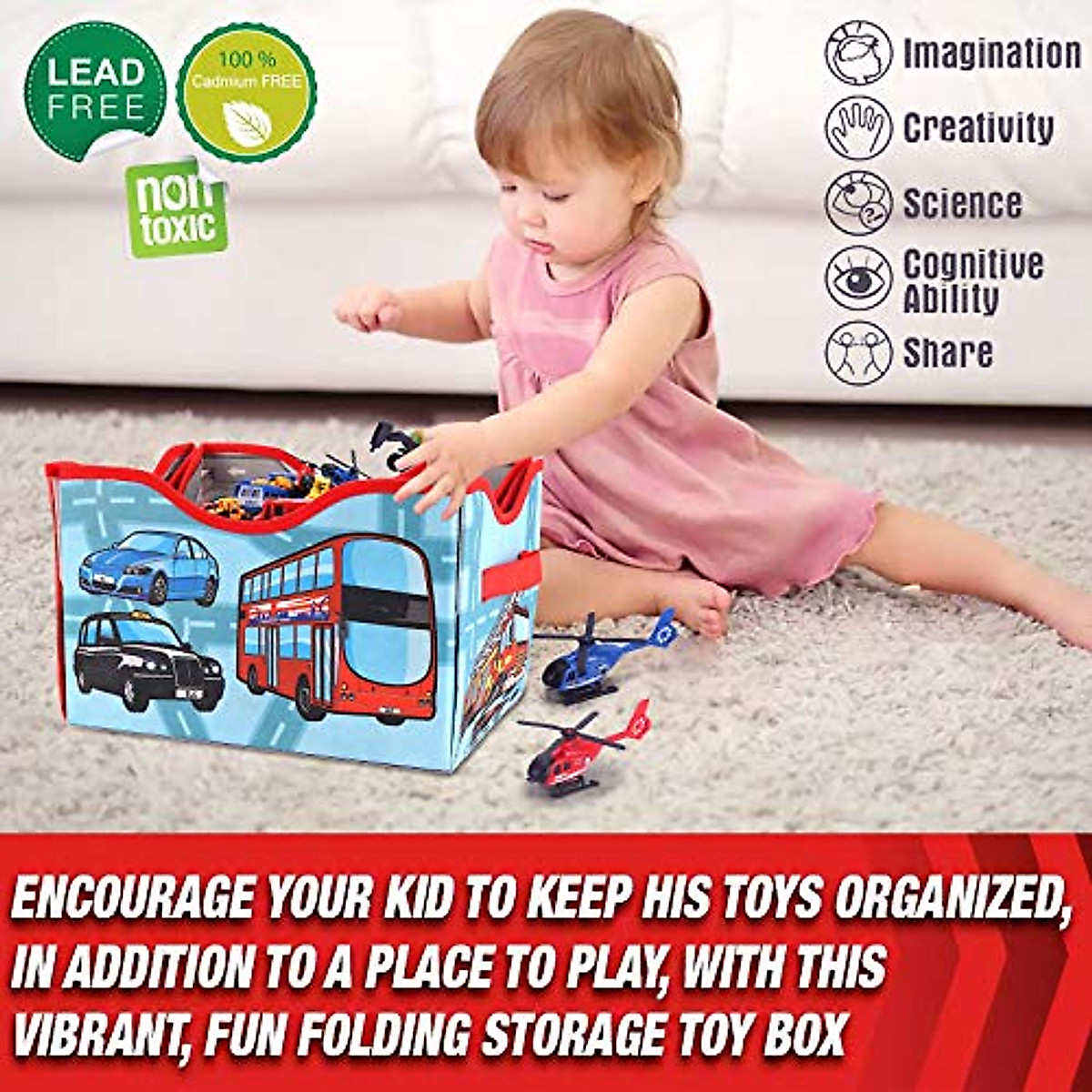 Toy Cars Storage Box, 2 in 1 Convertible Garage Holder Case with Road Play Mat & 17 Play Vehicles Included, Collapsible Fabric Organizer Bin for Kids