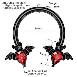 Melighting Septum Rings 16G Black Bat Septum Jewelry Halloween Daith Earrings Clear Red CZ Surgical Steel 316L Tragus Piercing Jewelry Helix Earrings for Women Men