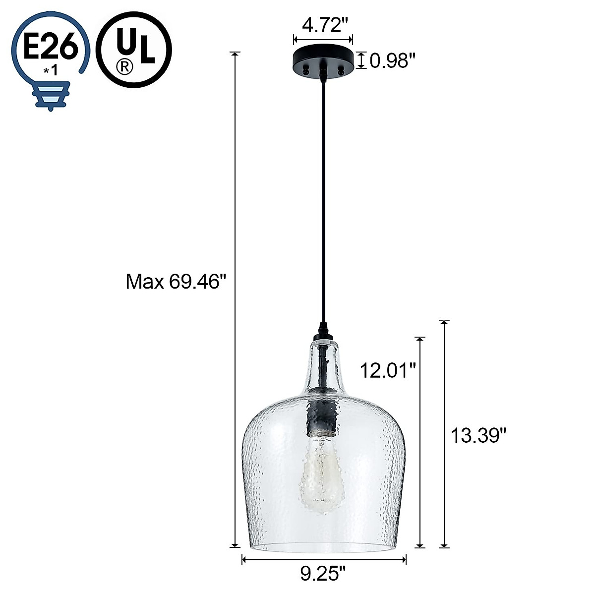 ELYCCUPA Glass Pendant Light Modern Black 1 Light Single Dome Pendant Lighting Fixtures for Kitchen Island Dining Room Hallway, Wide 10 Inch, E26, UL Listed