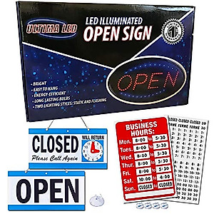 Ultima LED Neon Open Sign for Business: Jumbo Lighted Sign Open with Flashing Mode – Large Indoor Electric Light up Sign for Stores (23 x 14 in) Includes Business Hours and Open & Closed Sign