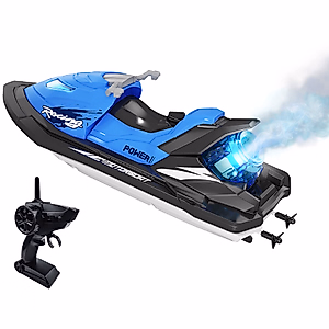 IOKUKI RC Boats for Kids & Adults with Spraying Function, 2.4G Remote Control Boat for Pools & Lakes with Rechargeable Toy Boat Battery/Dual Motors/Low Power Prompt/Waterproof - Blue