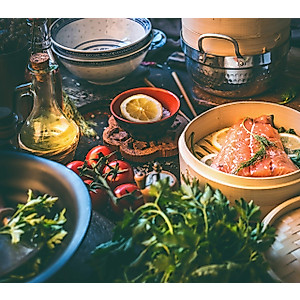 YUHO Bamboo Steamer Basket 12-inch, 2-Tier Steamer for Cooking, 10 Liners, Steaming Asian Food, Bao Buns, Chinese, Dim Sum, Dumpling, Rice, Vegetable Steam Pot