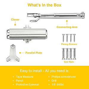 Door Closer - Adjustable Automatic and noiseless Door Closer, Suitable for Residential and Commercial Doors - Easy to Install, Screw Fittings, Instructions and Video provided.
