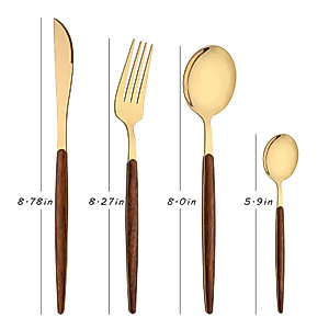 Uniturcky 24-Piece Silverware Set for 6, Gold Mirror Polished Stainless Steel Flatware Set, Wooden Effect Handle Utensil Set for Home Hotel Restaurant, Family Cutlery Set Include Knife Fork Spoon