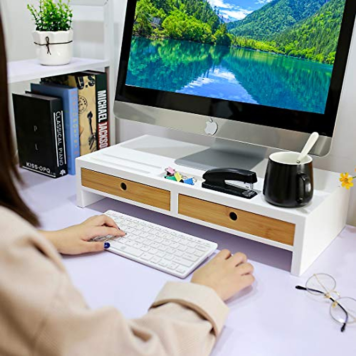 Computer Monitor Stand with Drawers - White Wood Laptop Screen Printer TV Riser 22.05L 10.60W 4.70H inch, Desk Organizer in Home&Office